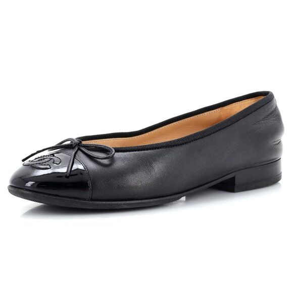 CHANEL | Shoes | Chanel Womens Cc Cap Toe Bow Ballerina Flats Leather And Patent Black | Poshmark